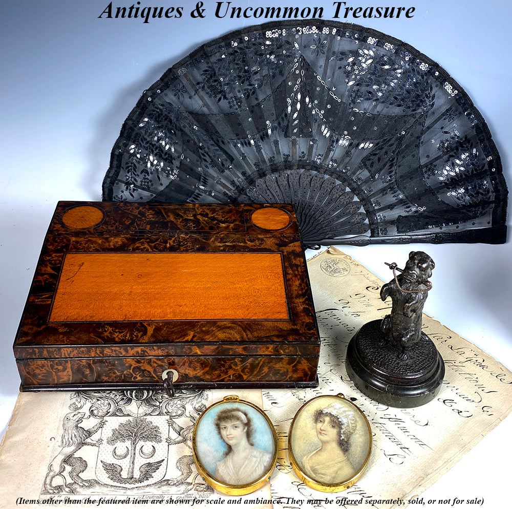 Antique French Hand Fan, c.1905, 22cm Wood and Sequined Lace Netting E ...