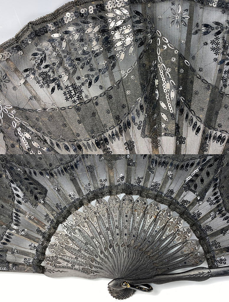 Antique French Hand Fan, c.1905, 22cm Wood and Sequined Lace Netting E ...