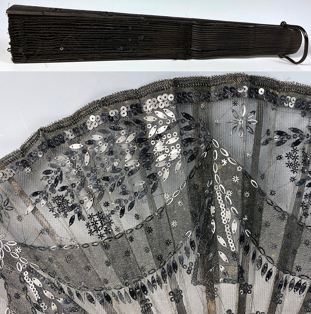 Antique French Hand Fan, c.1905, 22cm Wood and Sequined Lace Netting E ...