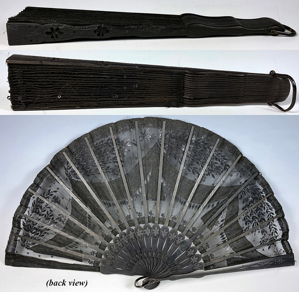 Antique French Hand Fan, c.1905, 22cm Wood and Sequined Lace Netting E ...
