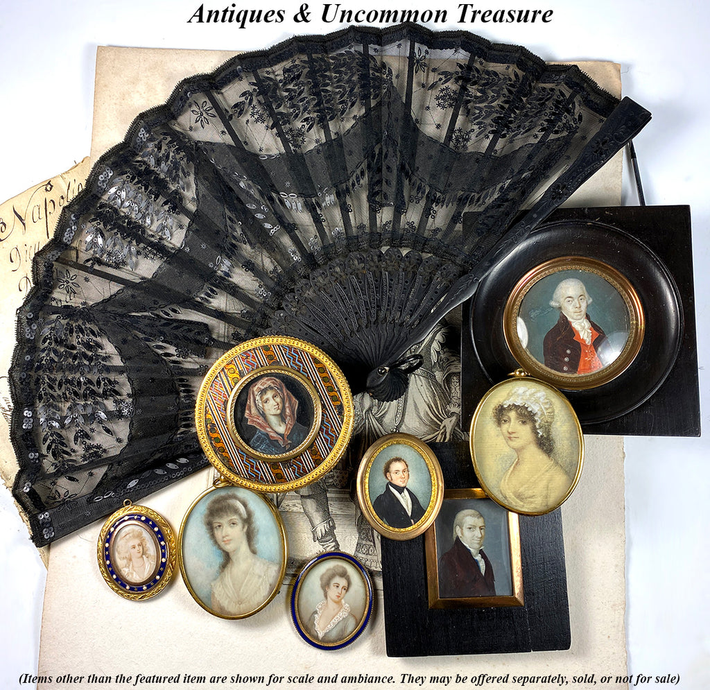 Antique French Hand Fan, c.1905, 22cm Wood and Sequined Lace Netting E ...