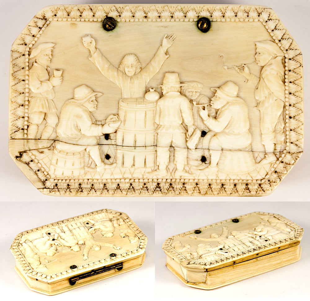 Antique Hand Carved Ivory Table Snuff Box, 7 People in Bas Relief, c ...