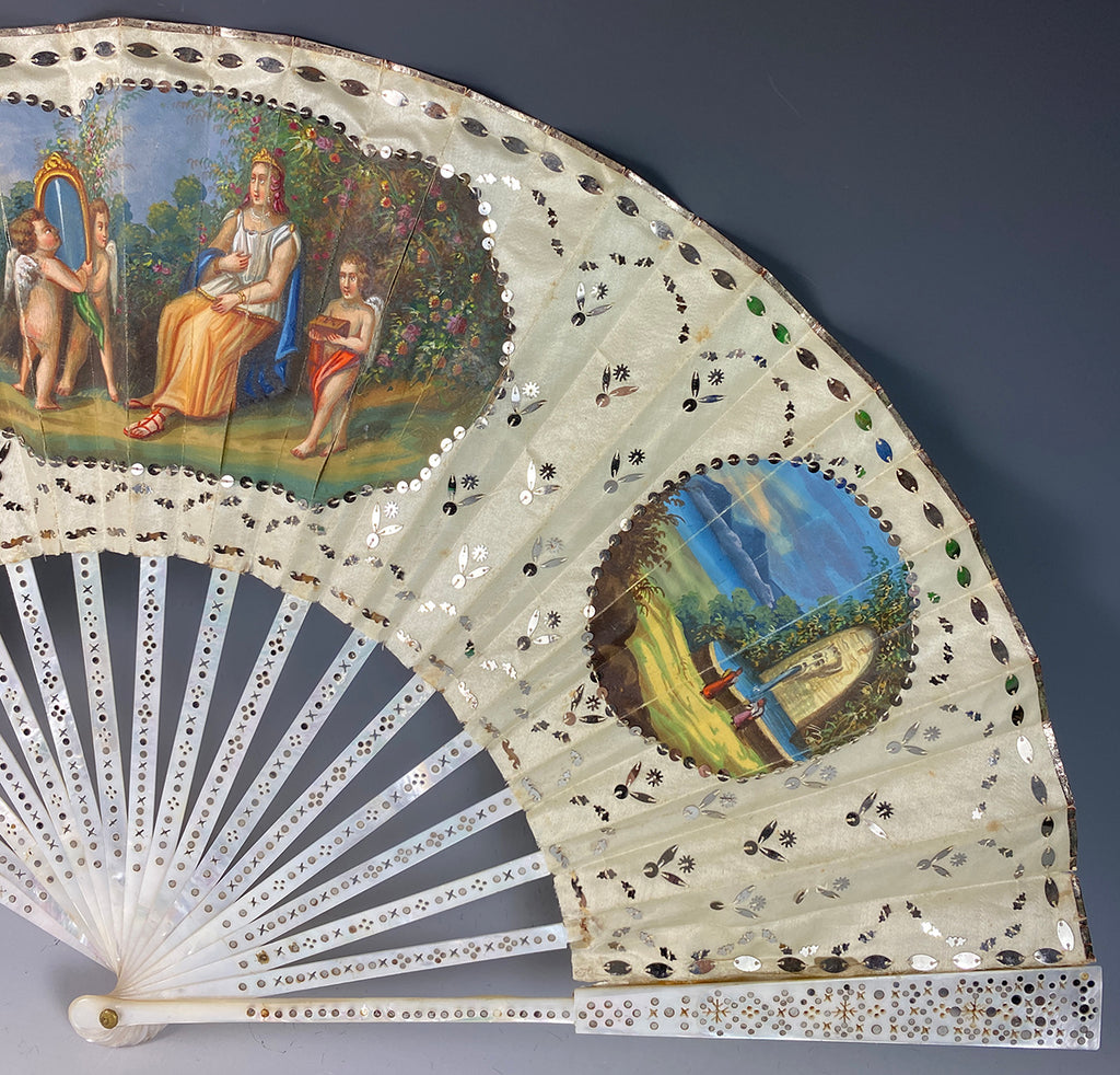 Fine Antique French Hand Fan, c.1770, Painted Silk, Sequin, Pique Moth ...