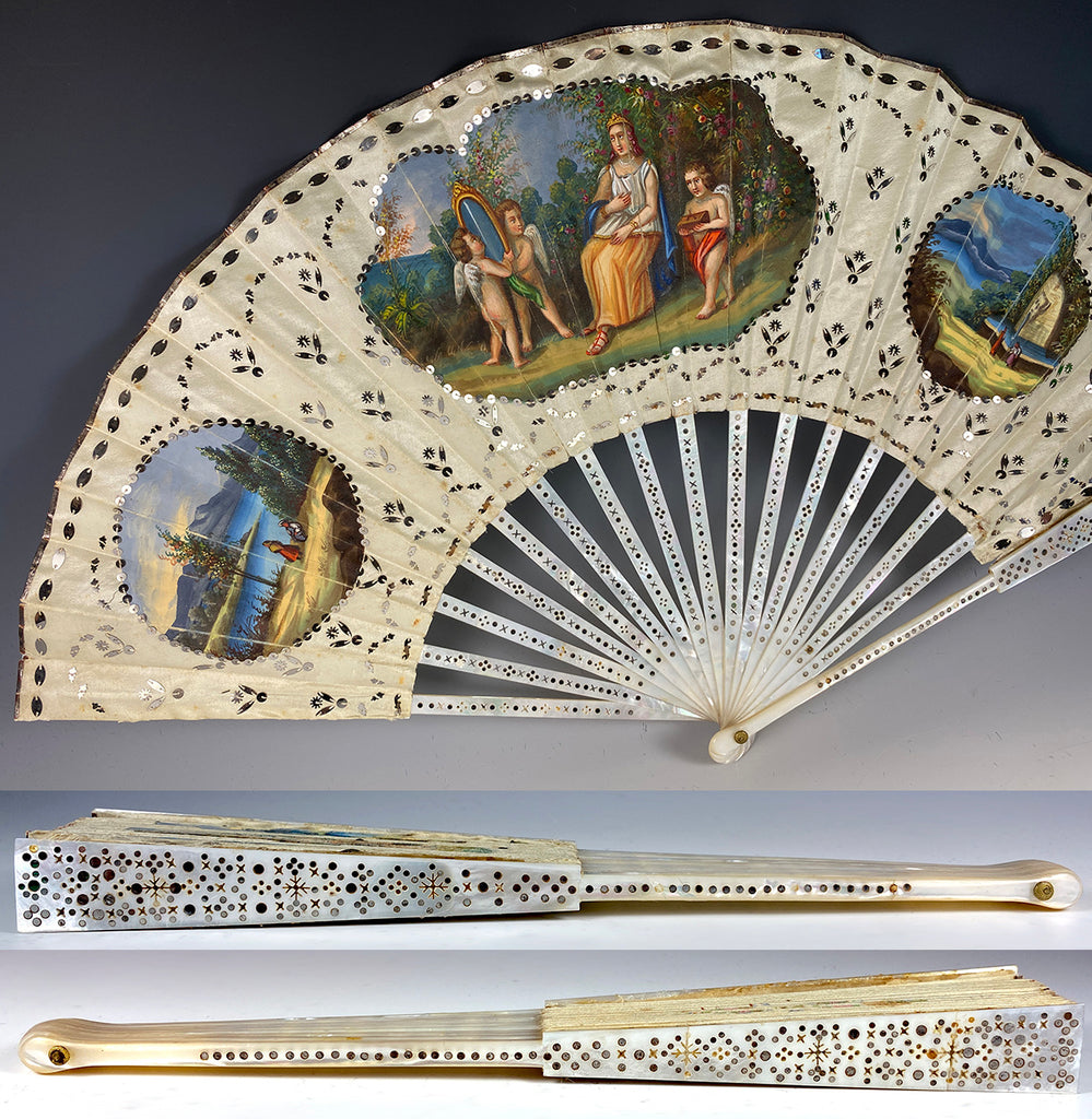 Fine Antique French Hand Fan, c.1770, Painted Silk, Sequin, Pique Moth ...